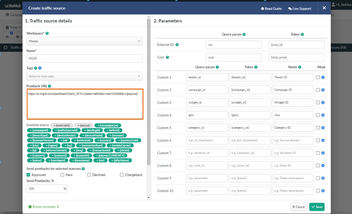 BeMob Tracker Integration in MGID Ads